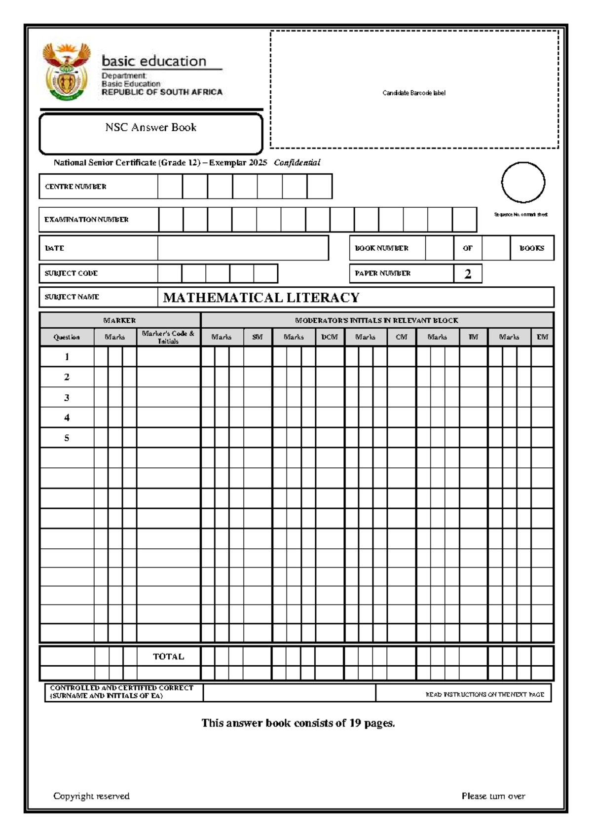 Mathematical Literacy P2 Gr 12 NSC Exemplar 2025 Answer Book - Studocu