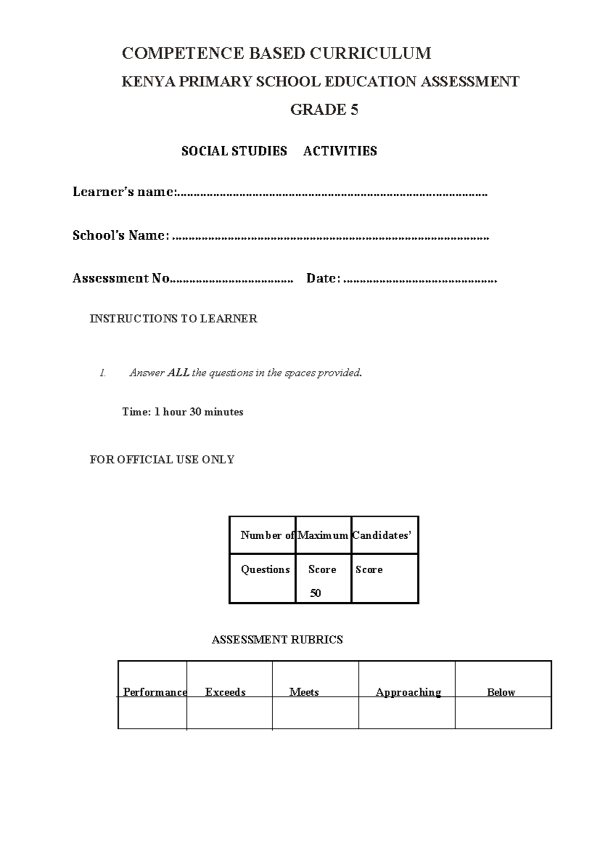 G5 Social Studies Assessment: Competence-Based Curriculum Activities ...