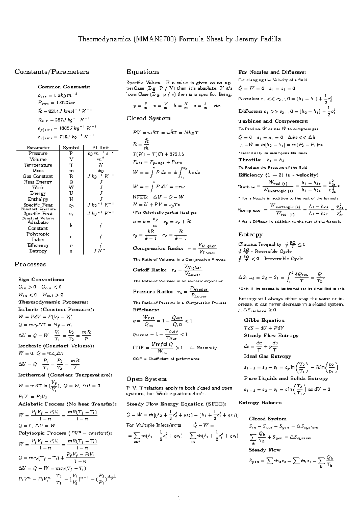 Thermodynamics (MMAN2700) Formula Sheet: Key Equations & Constants ...