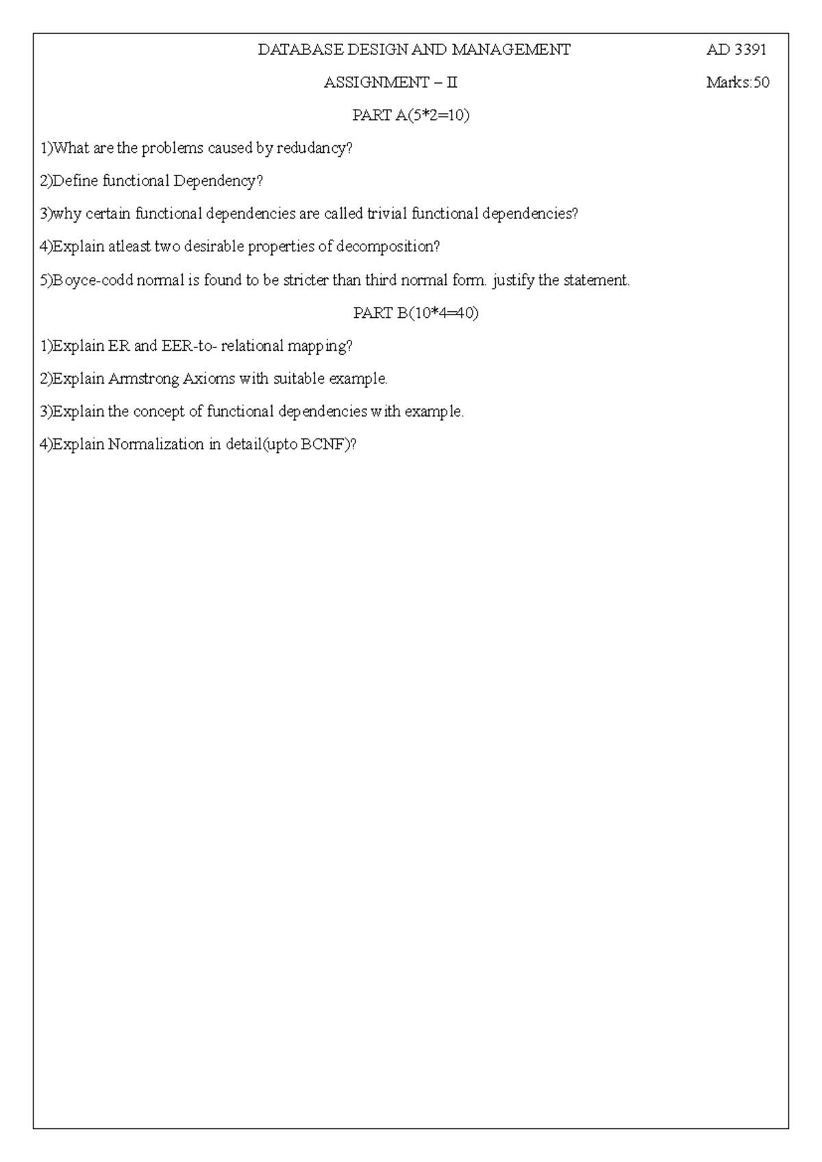 DDM Assignment 2 - DATABASE DESIGN AND MANAGEMENT AD 3391 ASSIGNMENT ...