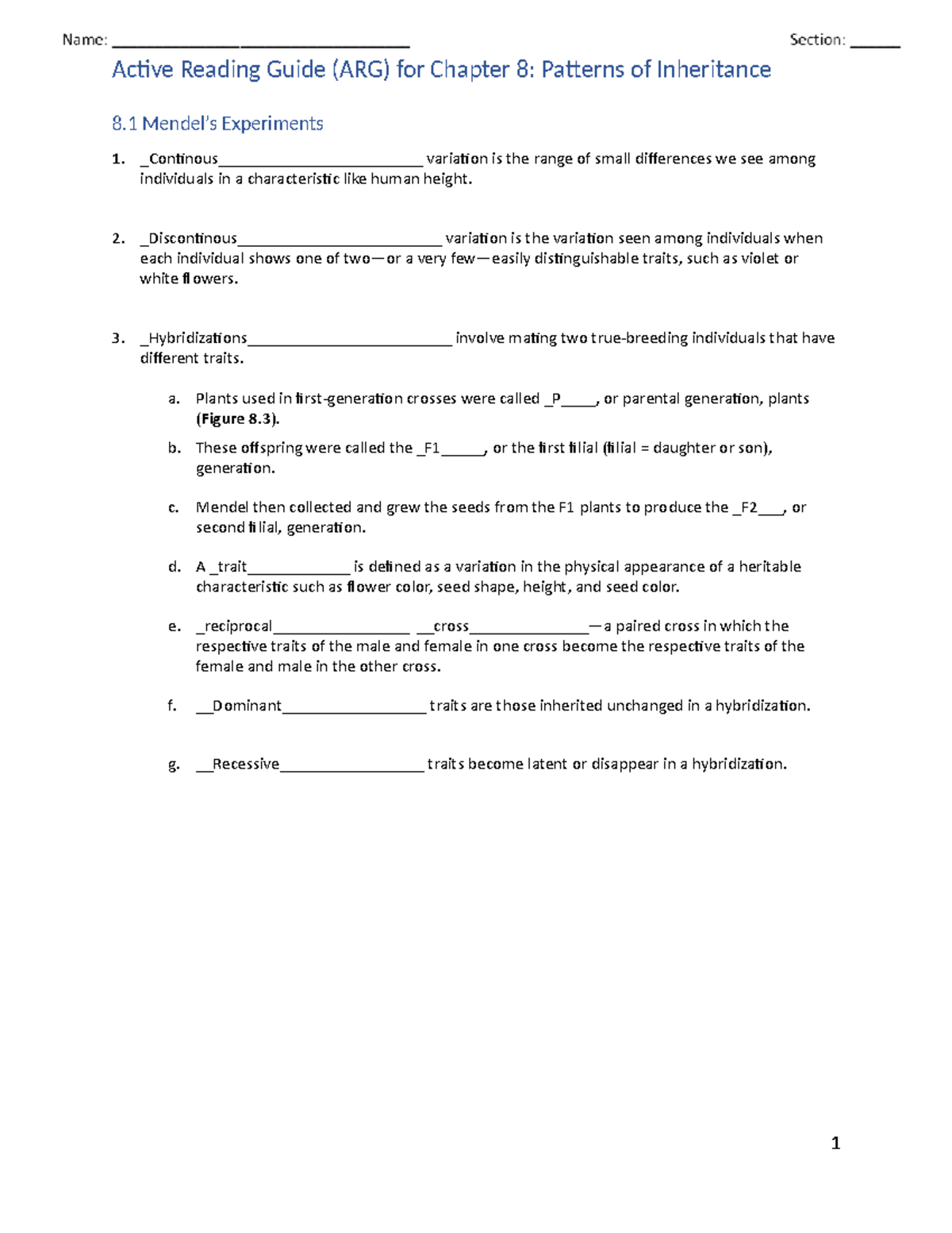 Chapter 8 Active Reading Guide & Answer Key - Patterns of Inheritance ...