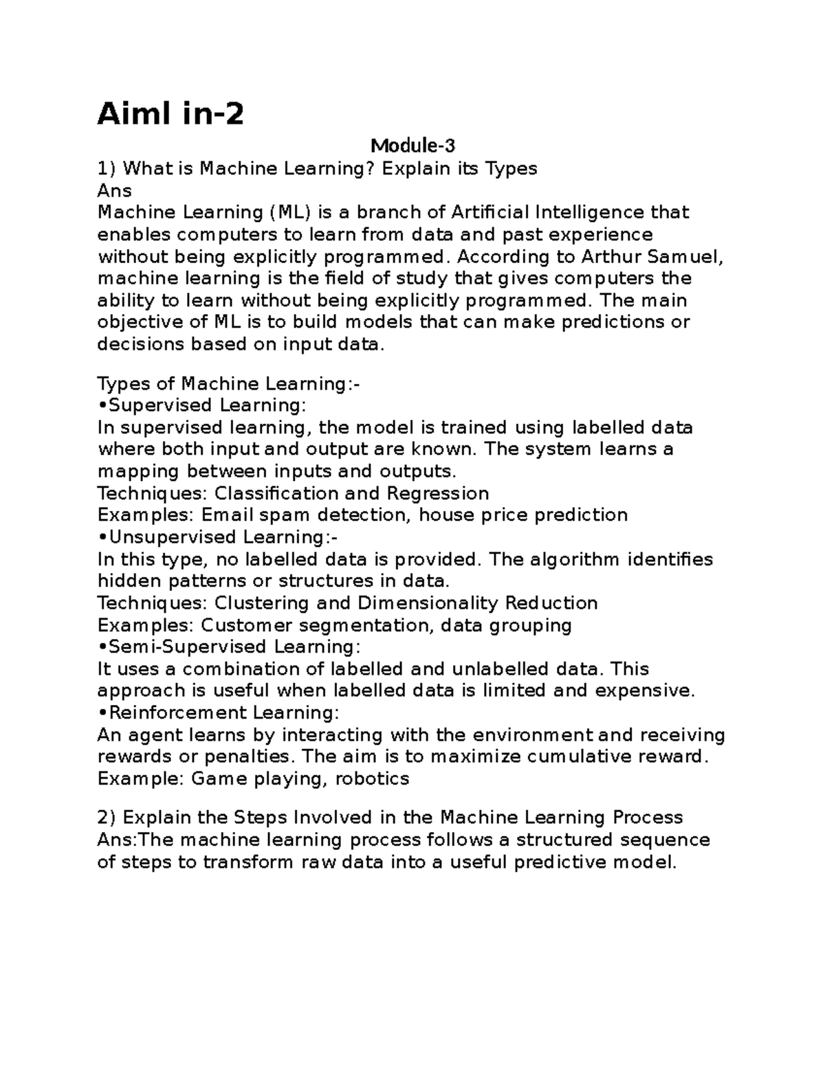 Aiml in-2 - Comprehensive Notes on Machine Learning Concepts - Studocu