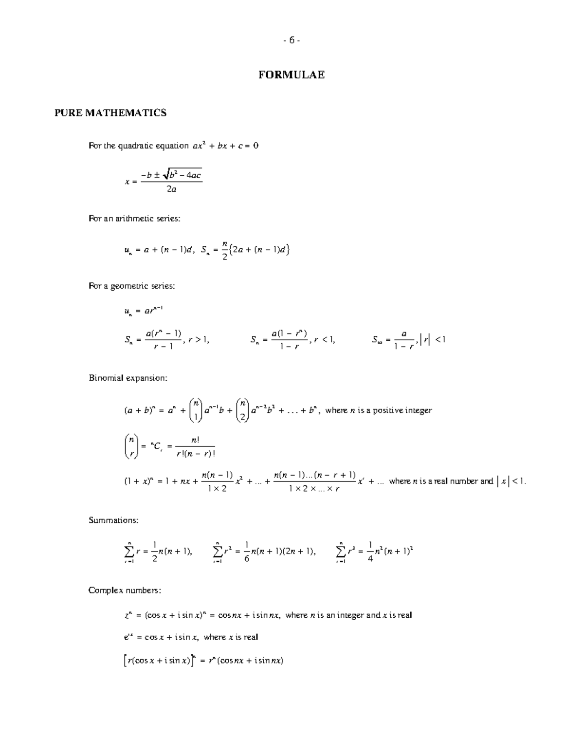 CXC CAPE Pure Mathematics Final Exam Formula Sheet - Studocu