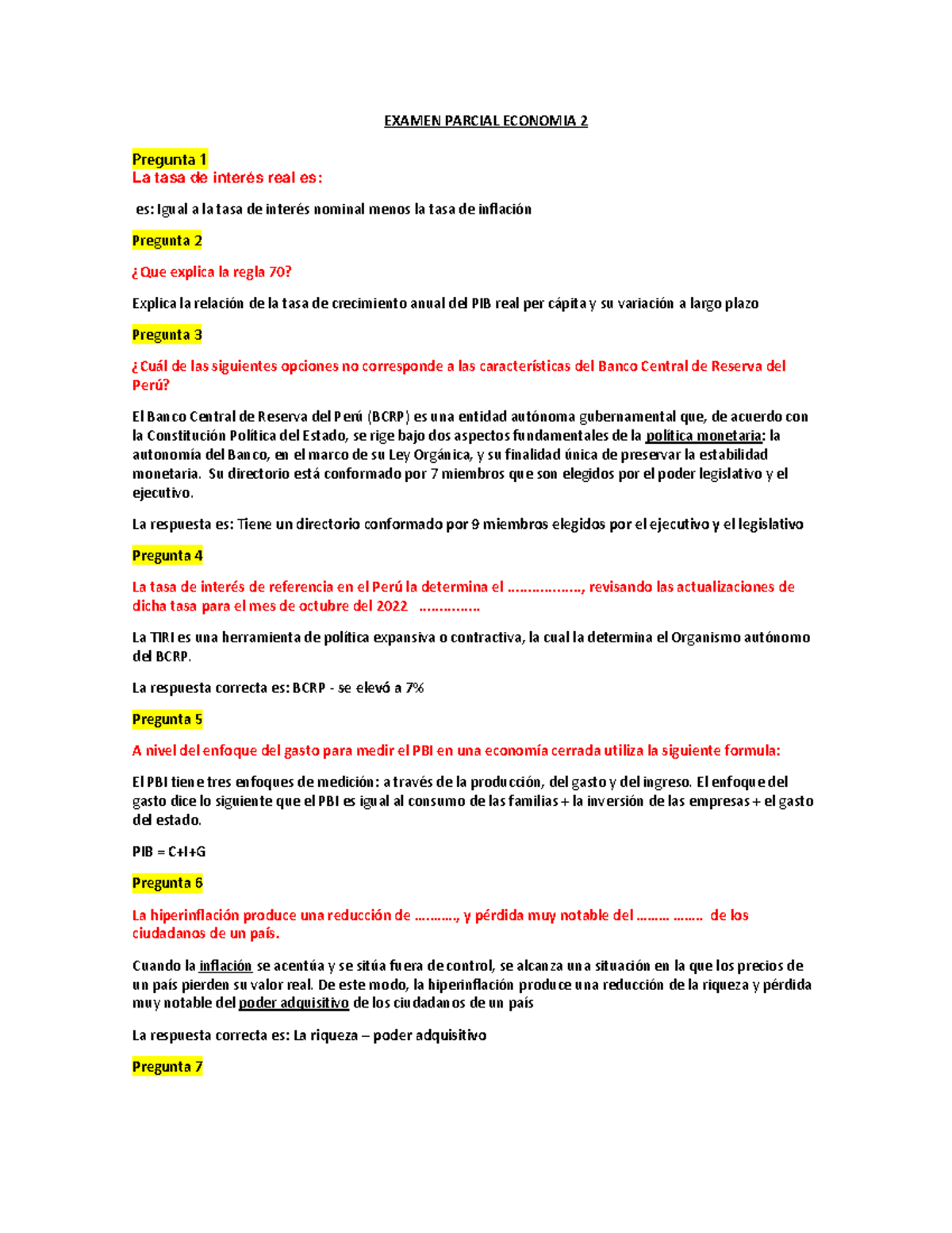 Examen Parcial de Economía 2: Preguntas y Respuestas Clave - Studocu