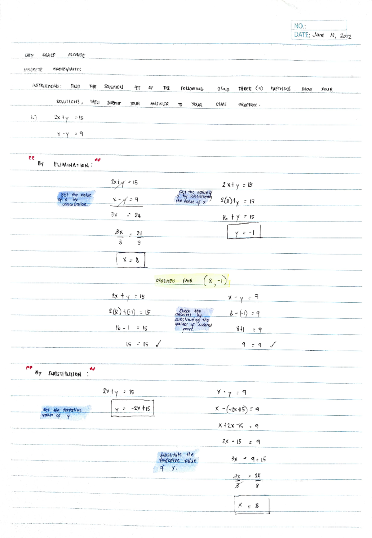 Seatwork 01 Finding the solution set of two equations - NO.: DATE: June 3, ####### 20e 6RA CE ...