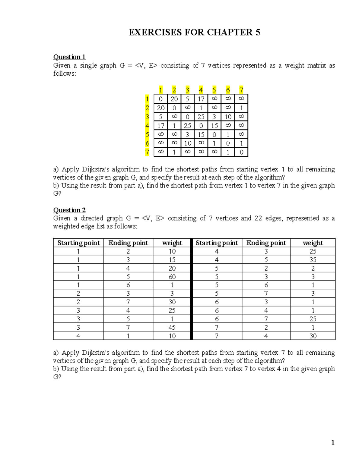 05 Exercises for chapter 5 - EXERCISES FOR CHAPTER 5 Question 1 Given a ...