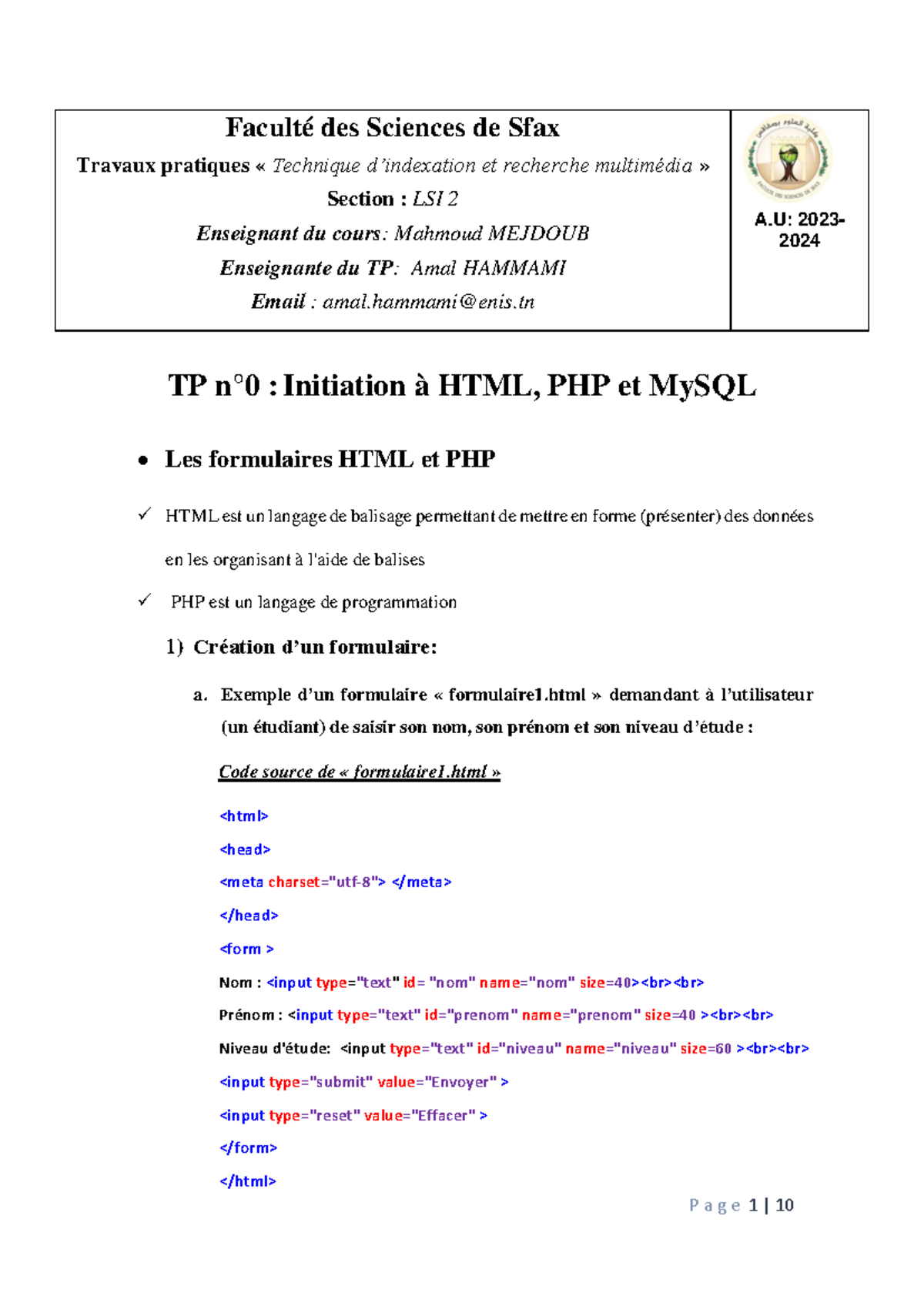 TP0: Initiation à HTML, PHP & MySQL pour LSI 2 - Pratique Multimédia ...