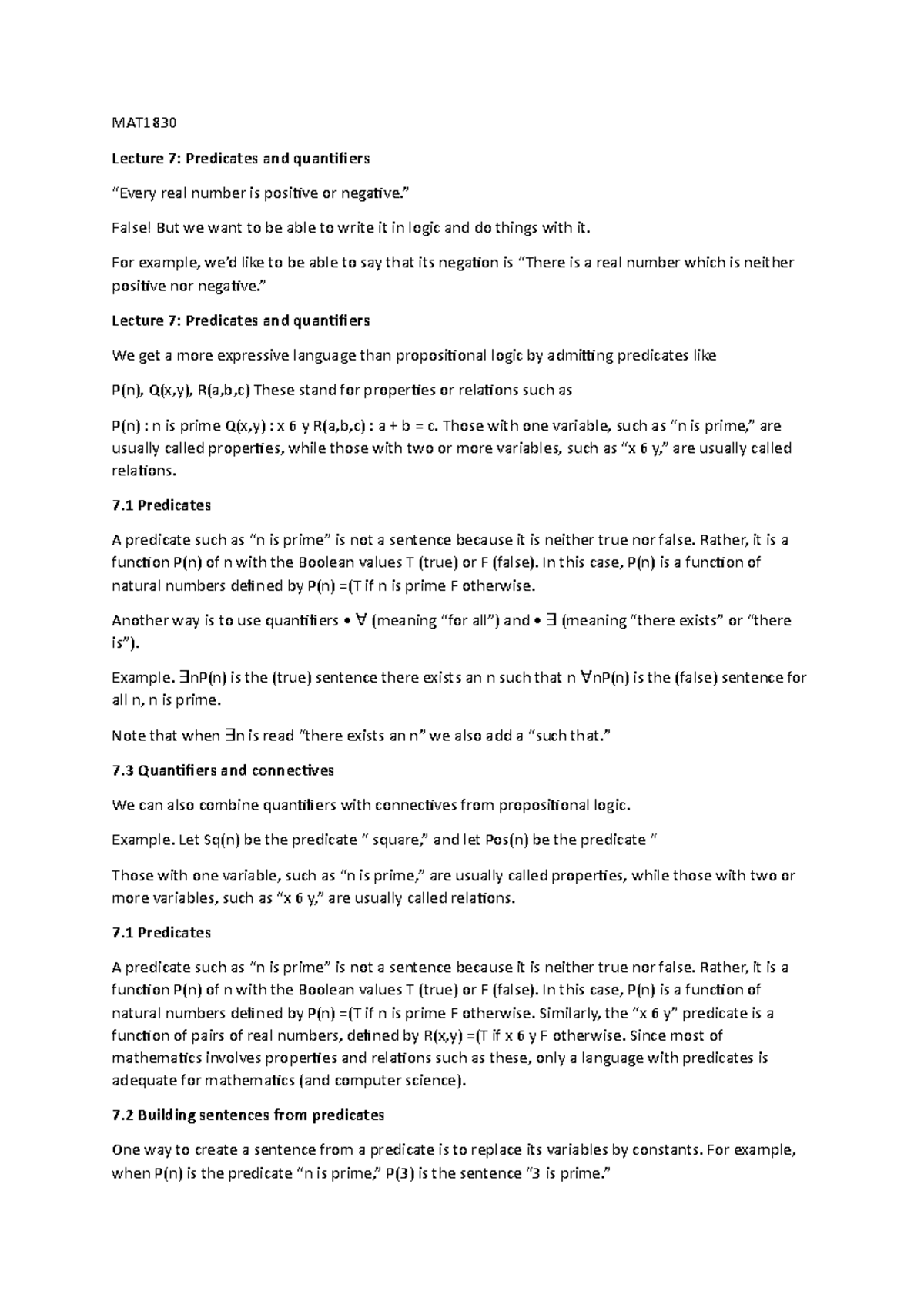 Lecture-7 - Lecture notes 7 - MAT Lecture 7: Predicates and quantifiers ...