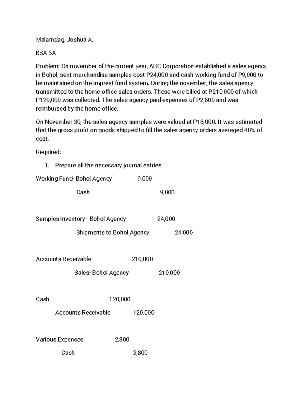 BSA 3A Final Exam: Journal Entries & Cost Analysis for ABC Corp. - Studocu