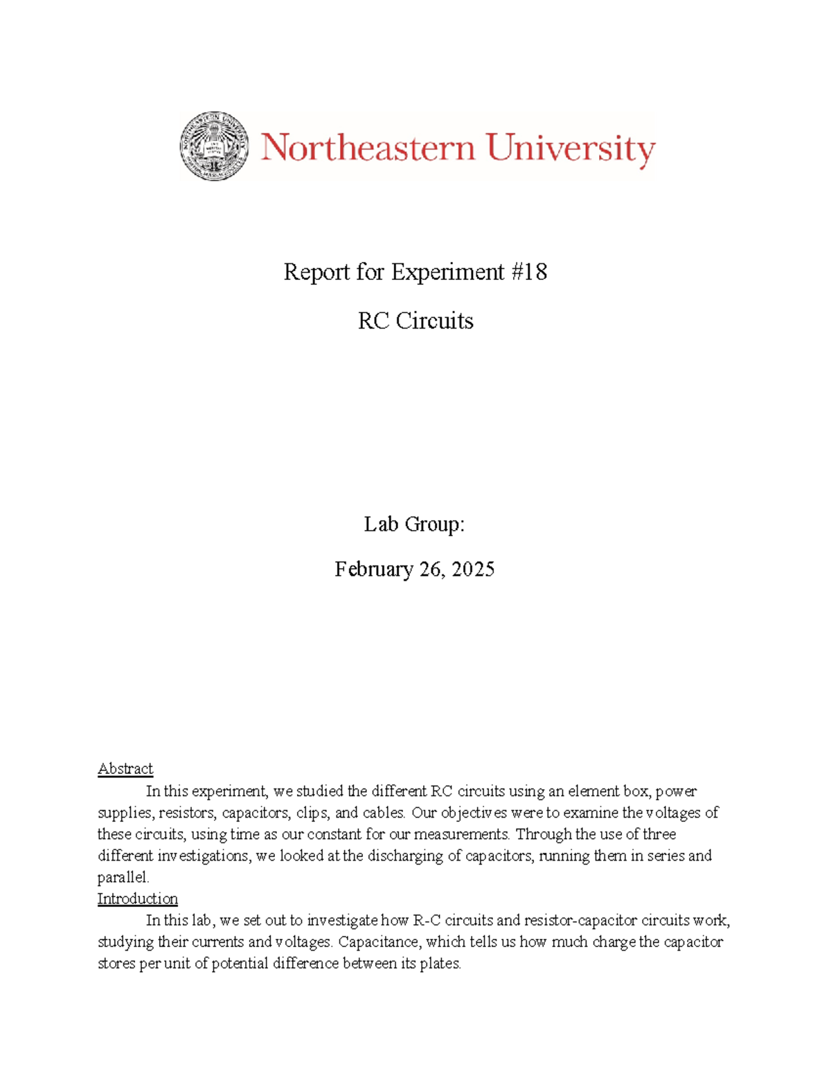 Experiment 18 - RC Circuits Lab Report: Charging & Discharging Analysis - Studocu