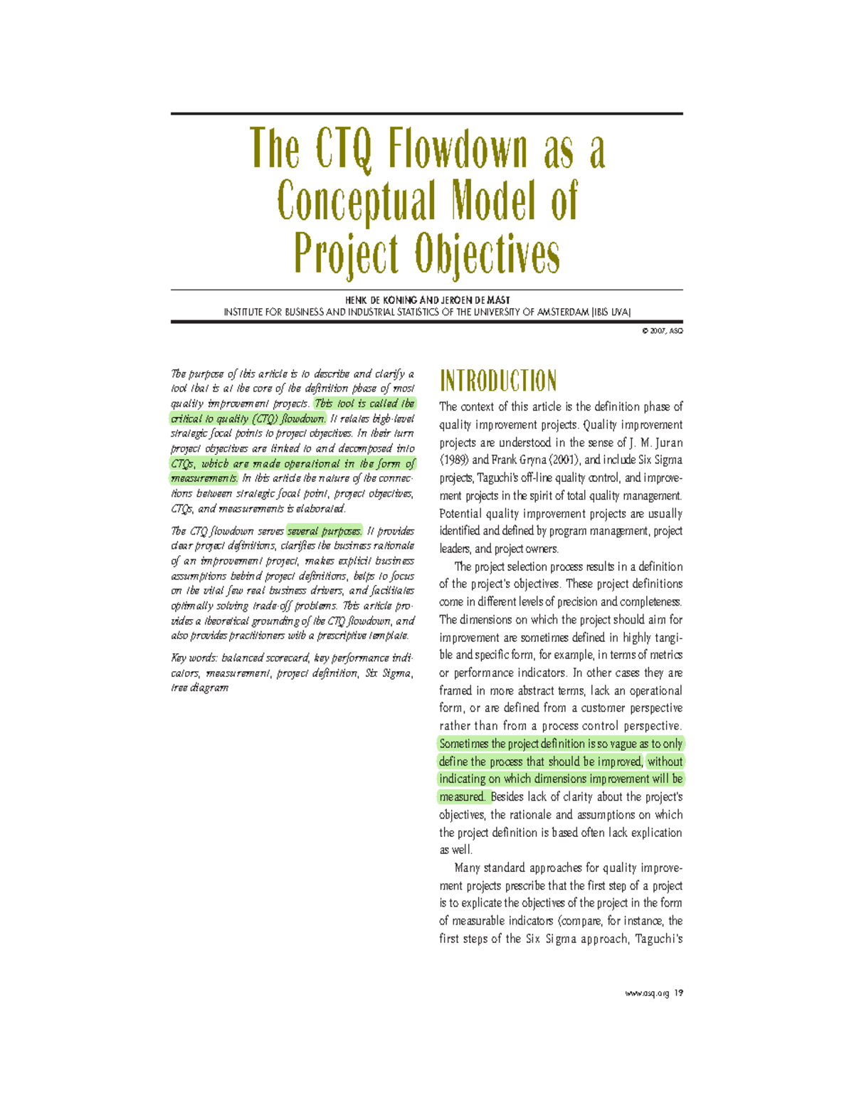 Revisiting the CTQ Flowdown: A Project Objectives Model (QMJ 14 i2 ...