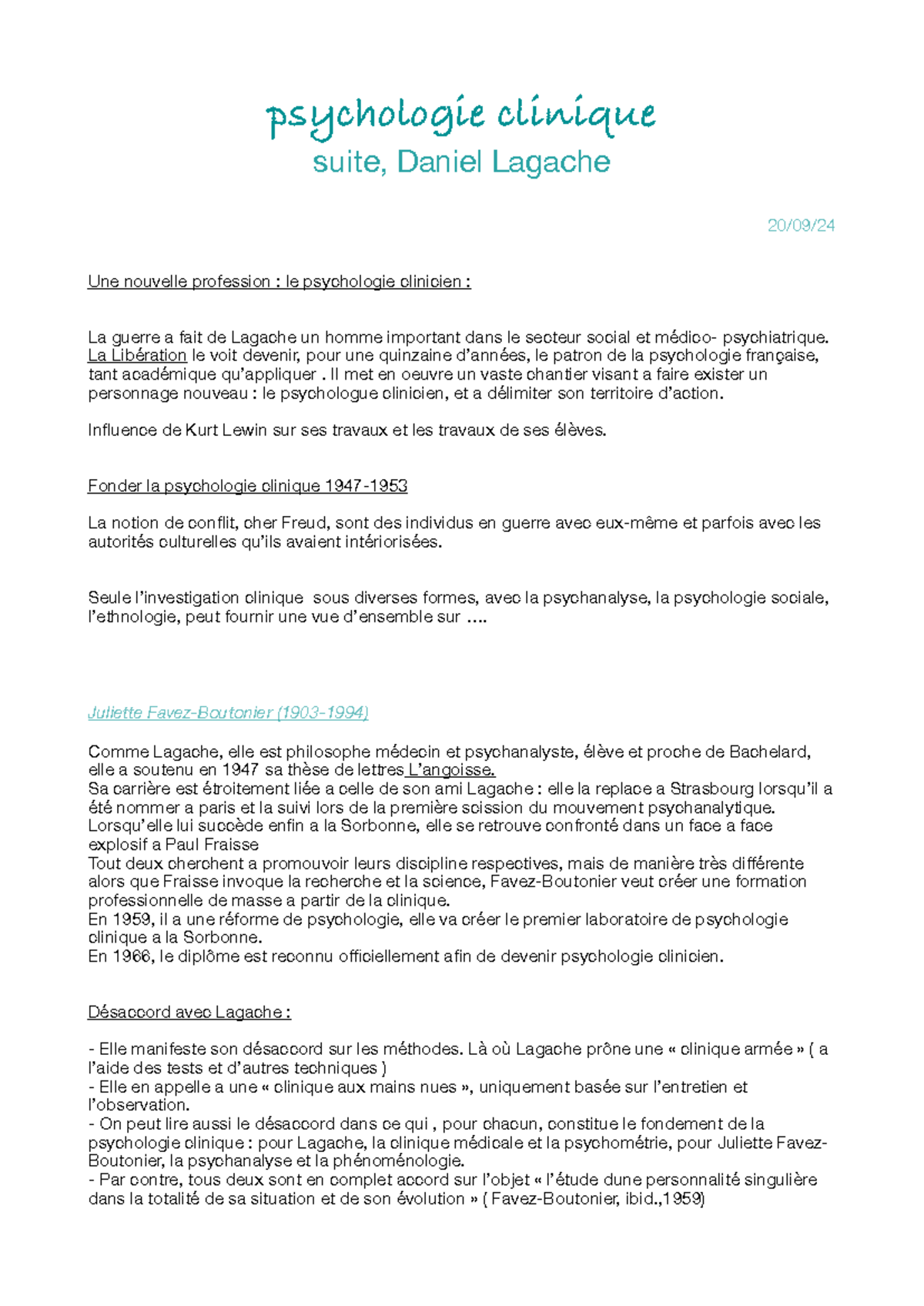 Étude sur Daniel Lagache et Juliette Favez-Boutonier en Psychologie ...