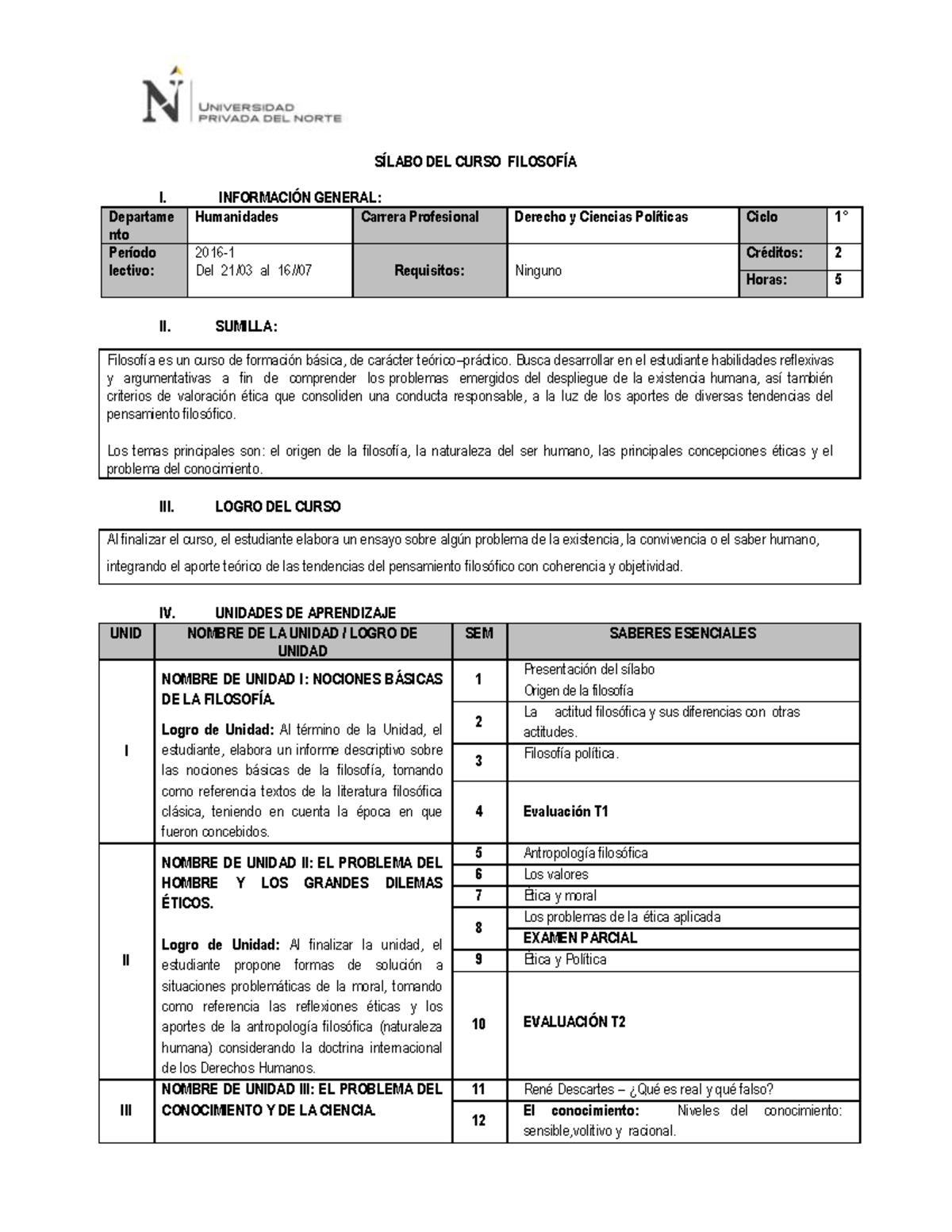 Sílabo del Curso HUM 2016-1: Filosofía I y su Currícula - Studocu