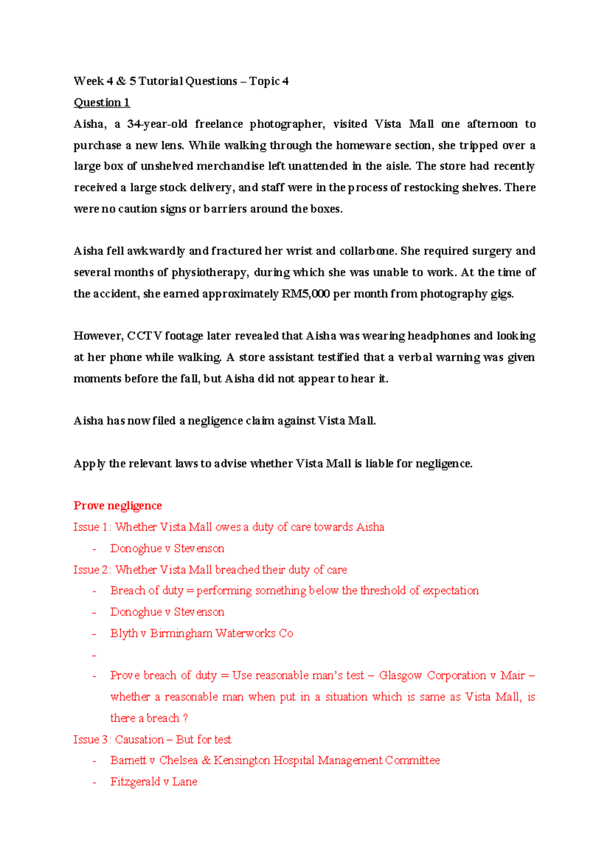 Tutorial 5 - Negligence & Liability Questions on Aisha's Case Study ...