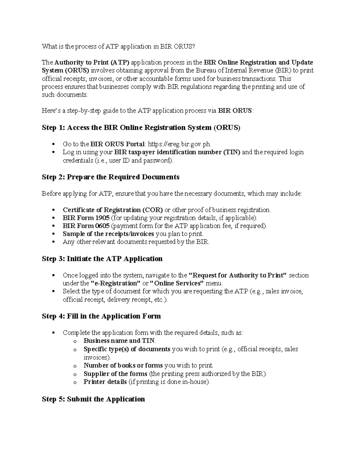 ATP Application Process Guide in BIR ORUS: Step-by-Step Overview - Studocu