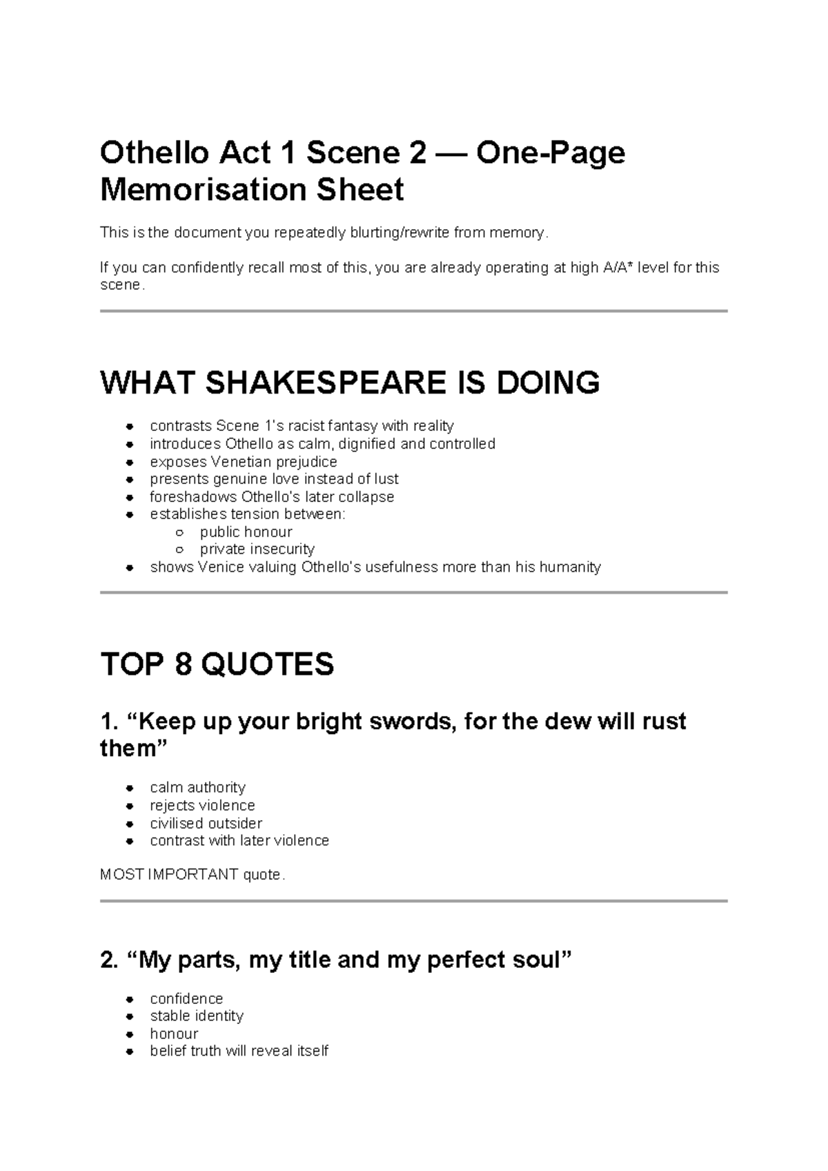 Othello Act 1 Scene 2 — Key Quotes & Analysis Memorisation Sheet - Studocu