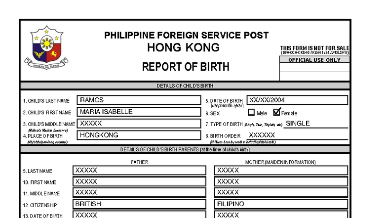 Philippine Foreign Service Report of Birth - Hong Kong - Studocu