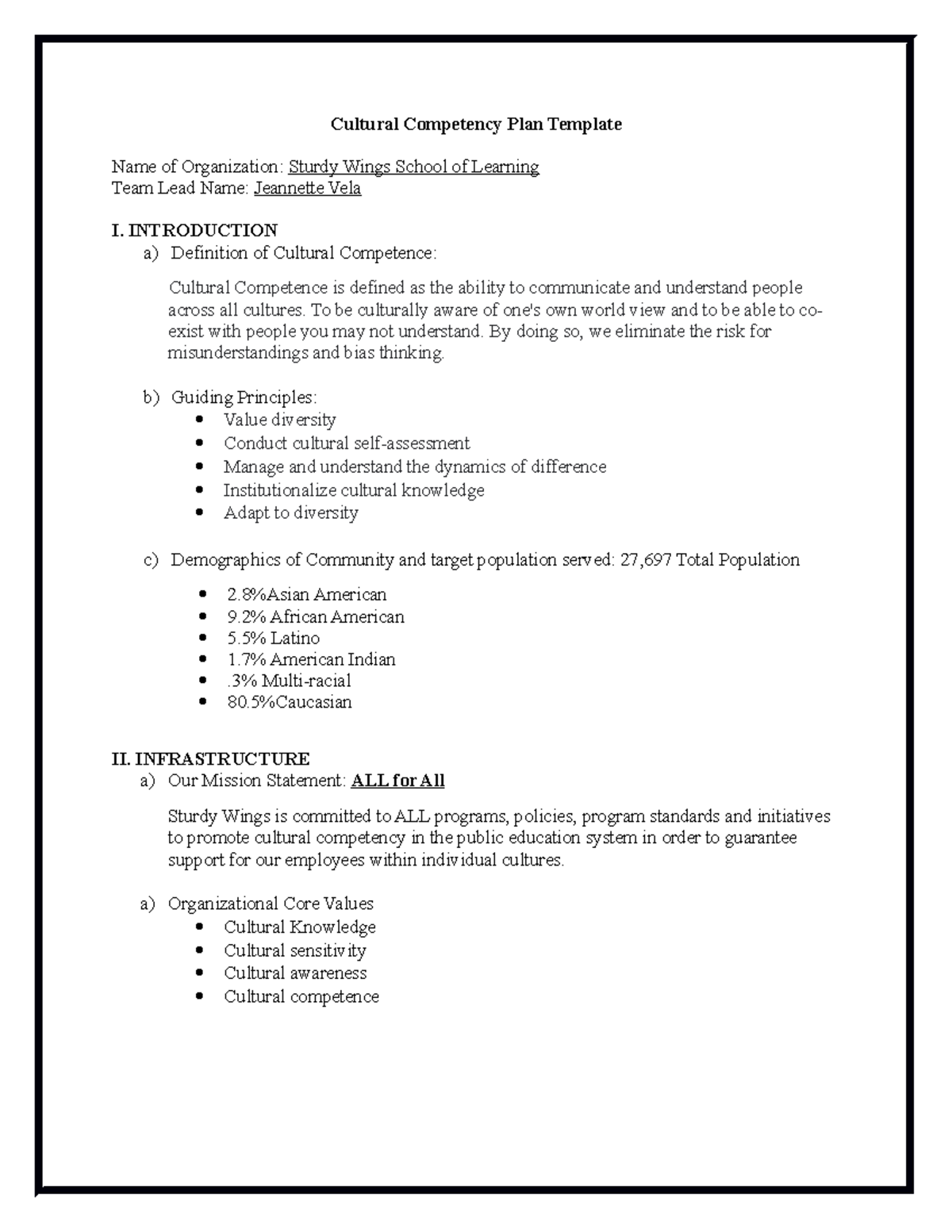 Cultural Competency Plan Template for Sturdy Wings School - Studocu