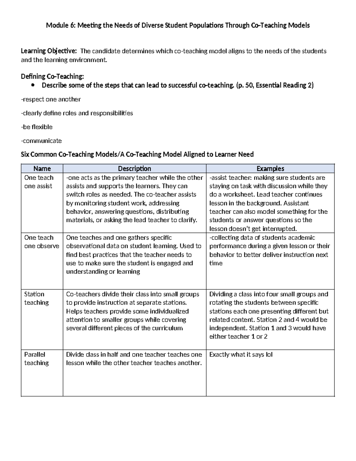 D096 Module 6 Study Guide: Co-Teaching Models & Strategies - Studocu