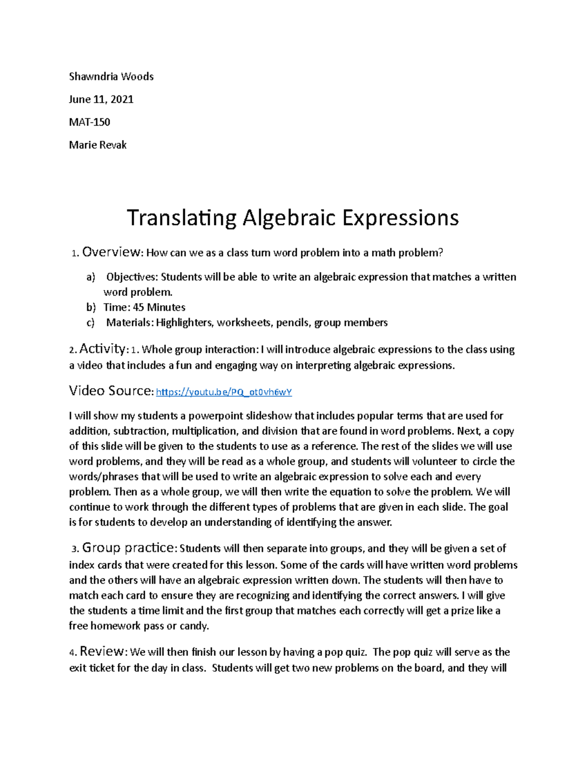 MAT-2021 Final Lesson Plan: Translating Algebraic Expressions - Studocu