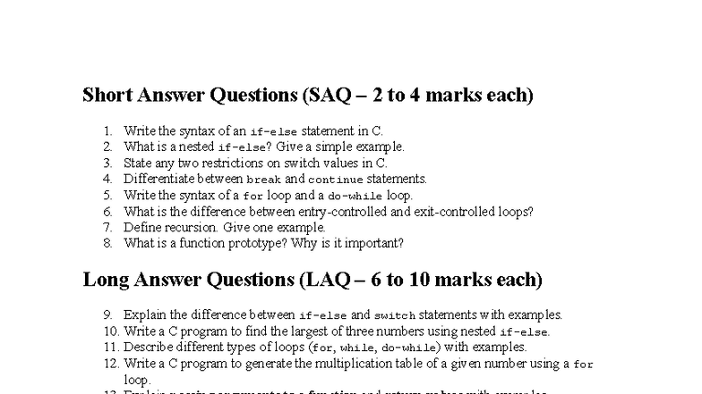 C Programming SAQ & LAQ Guide (Unit 2 - C Project Report) - Studocu