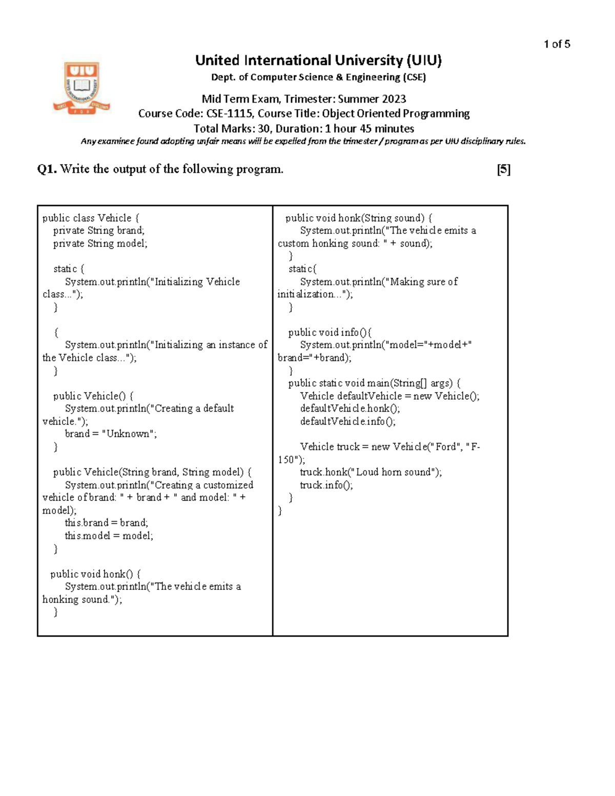 Object oriented programming Mid question - Mid Term Exam, Trimester: Summer 2023 Course Code ...