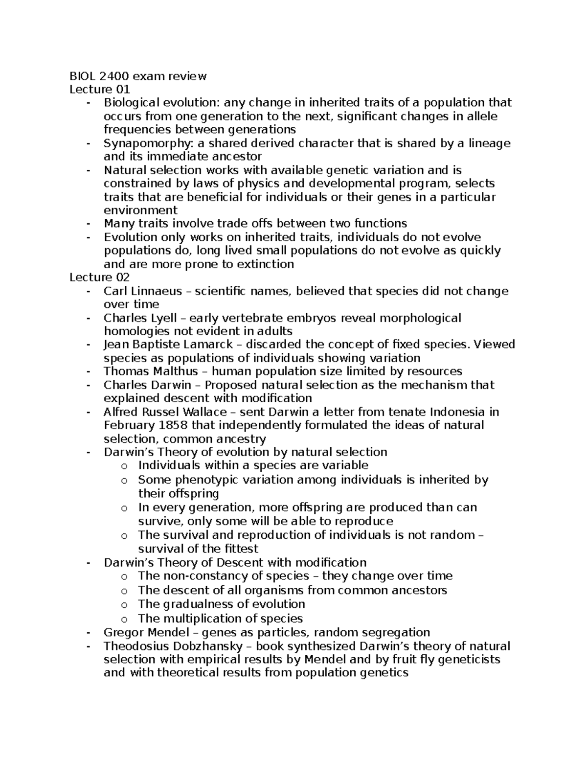 BIOL 2400 Exam Review: Key Concepts from Lectures on Evolution - Studocu