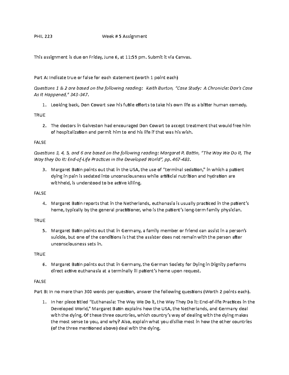PHIL 223 Week 5 Assignment: Euthanasia Perspectives and Practices - Studocu