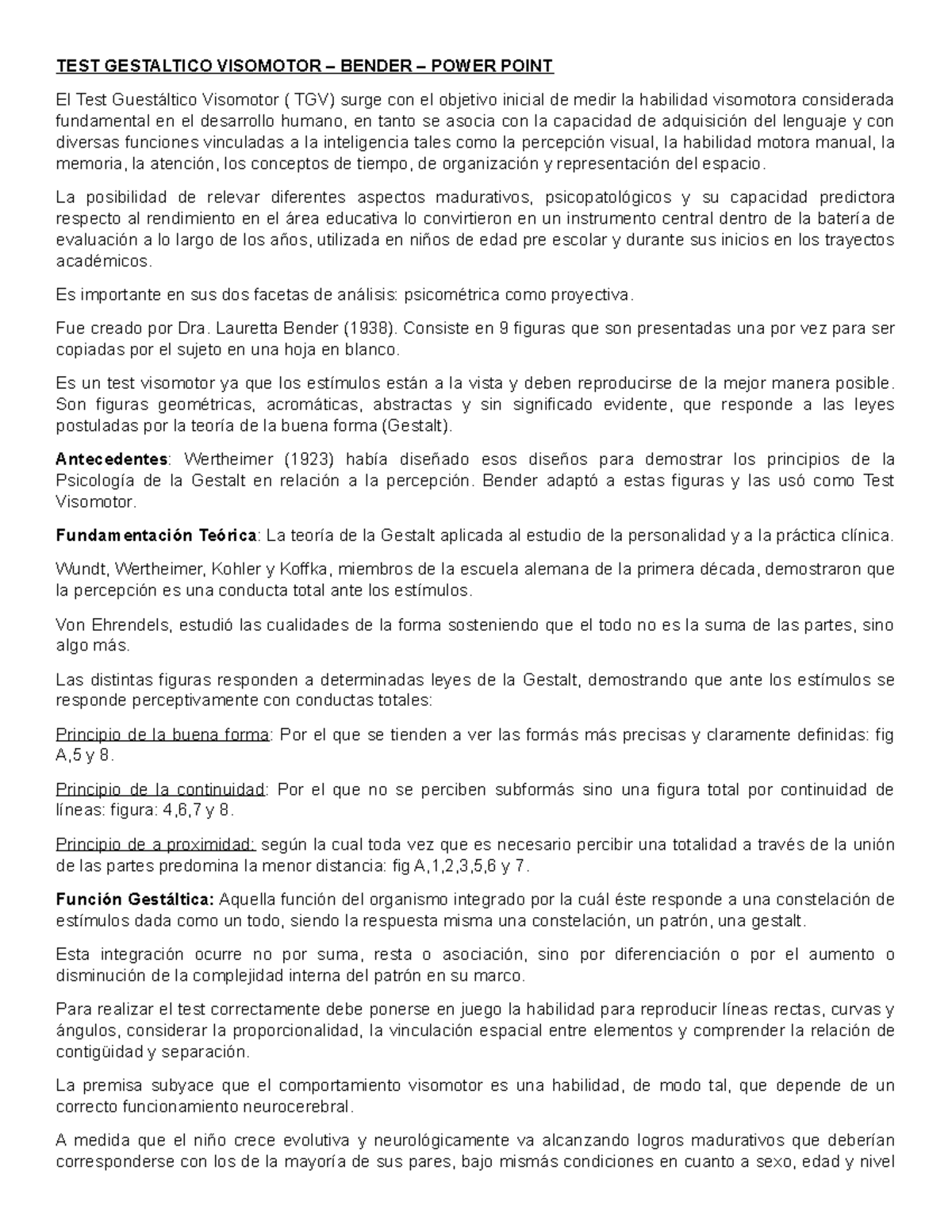 Resumen del Test Gestáltico Visomotor de Bender (TGV) - Studocu