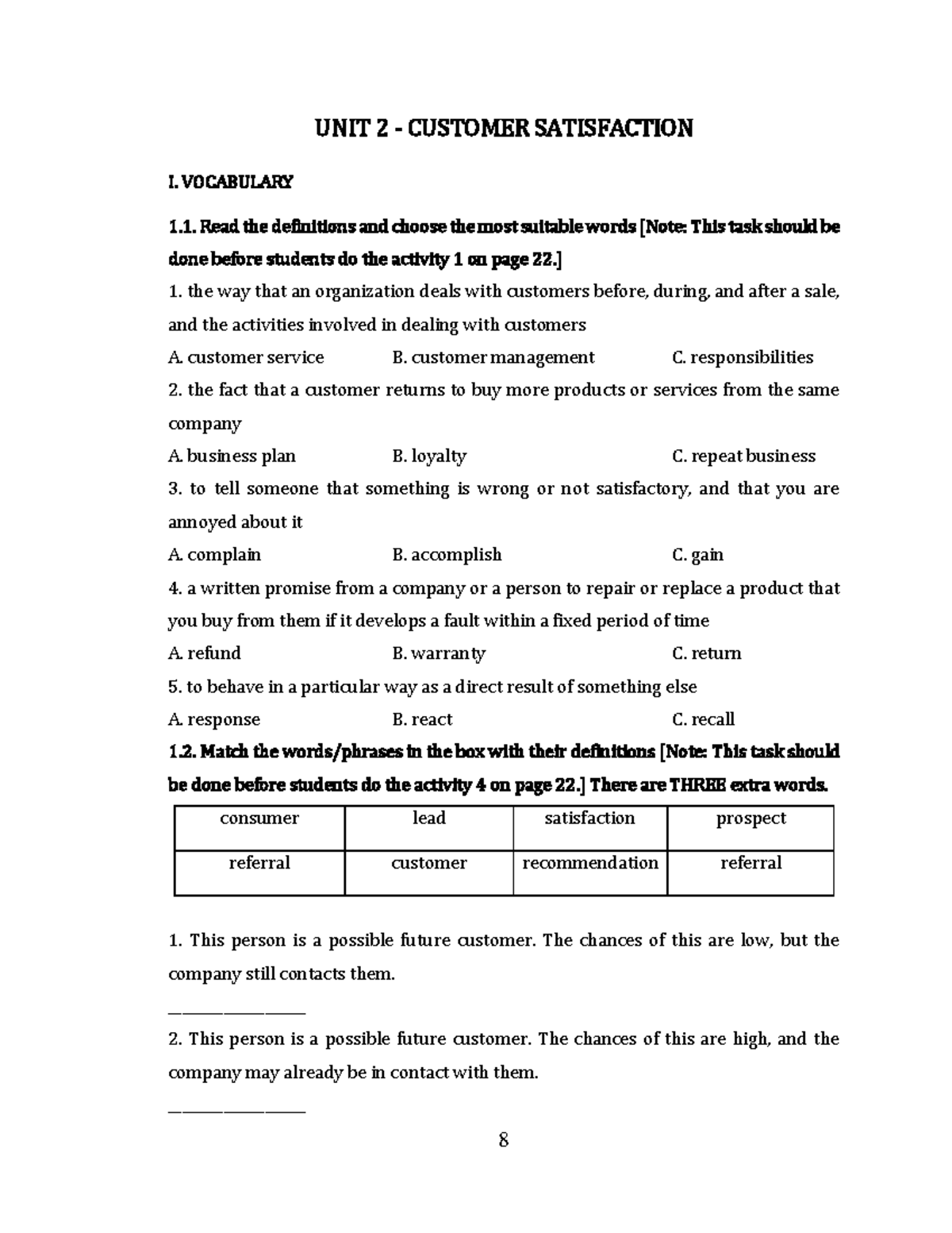 TLTK TACN1 - Unit 2 - Customer Satisfaction Vocabulary and Activities ...