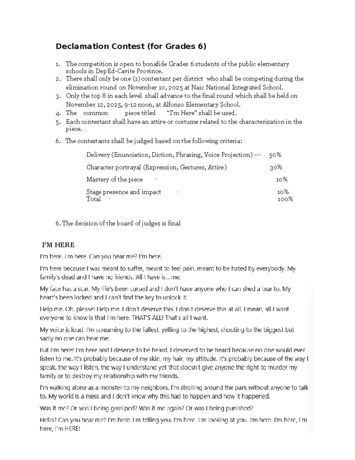 Declamation Contest Guidelines for Grades 6 Students - Studocu