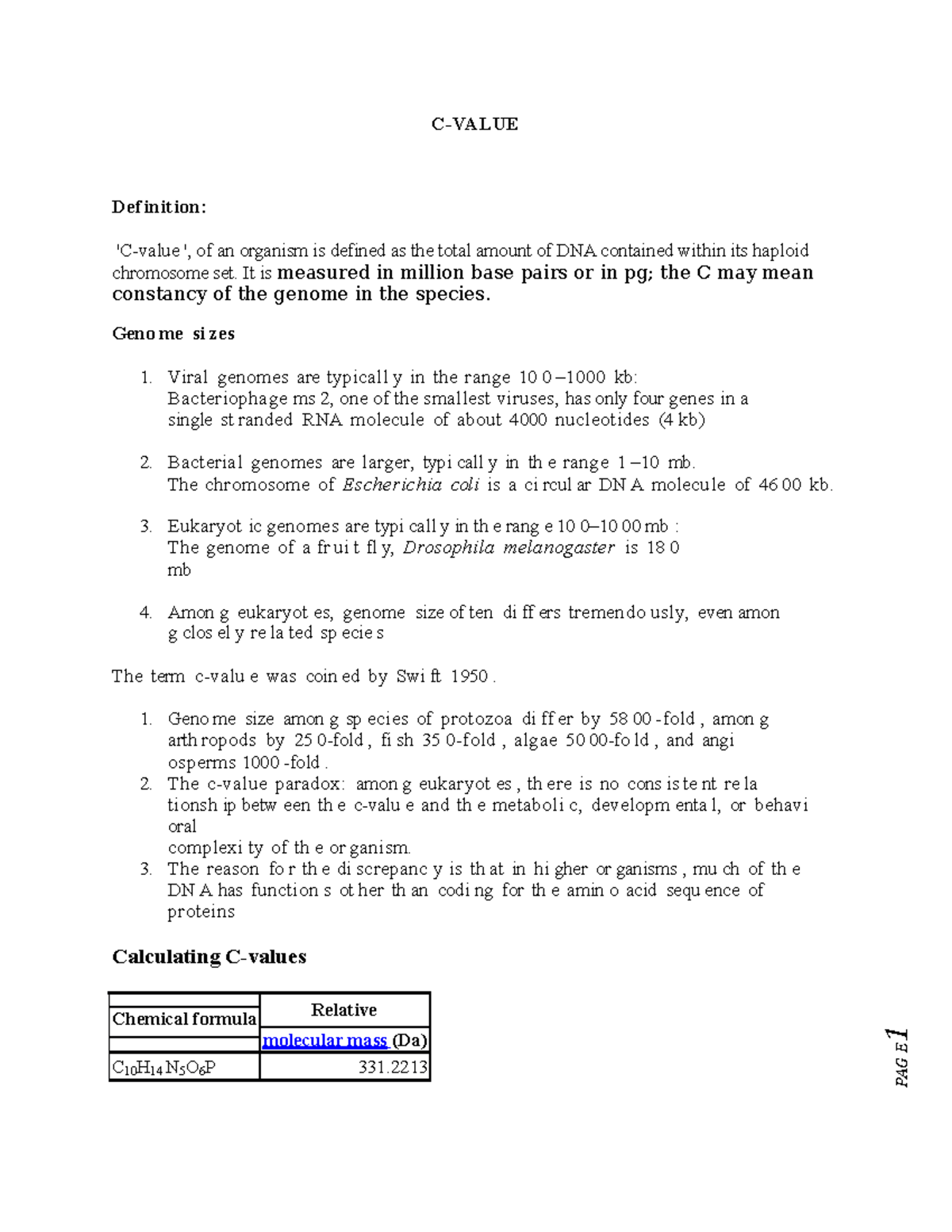 C value - Lecture notes 1-3 - C-VALUE Definition: 'C-value ', of an ...
