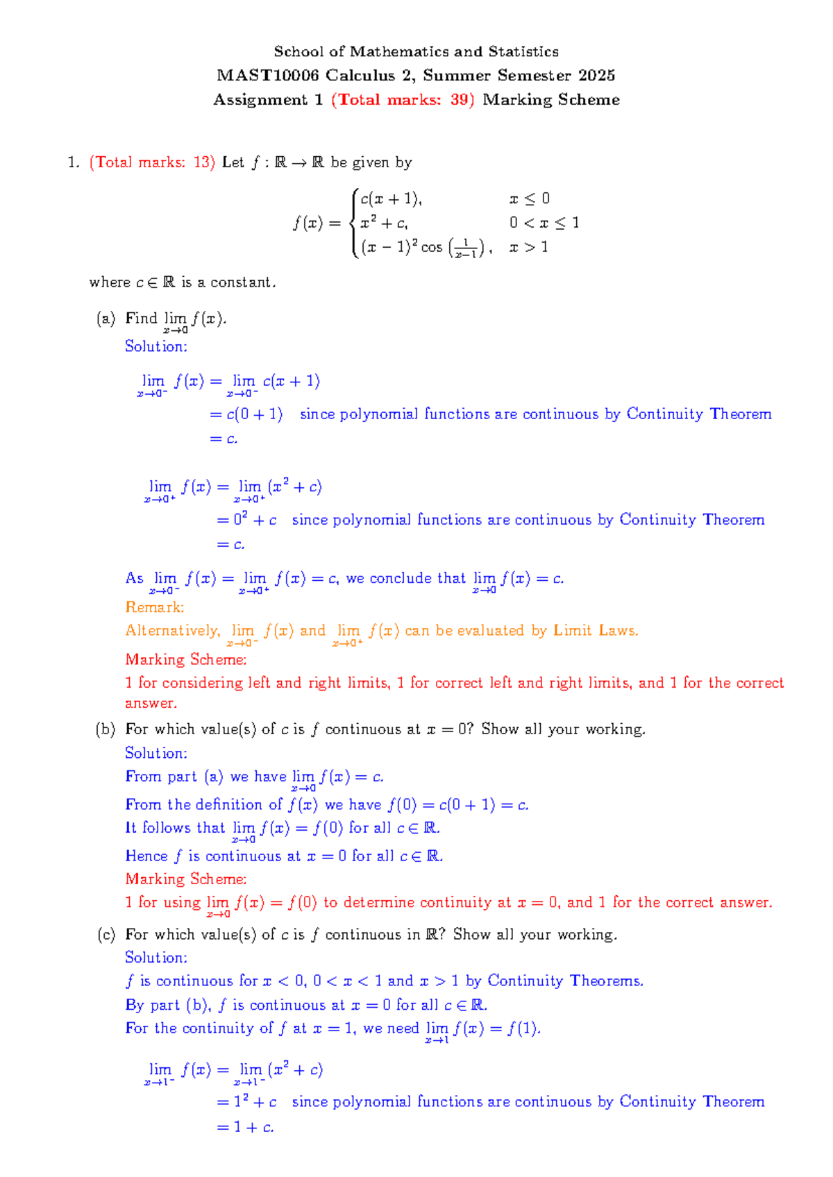 Assignment 1Marking - School of Mathematics and Statistics MAST10006 ...