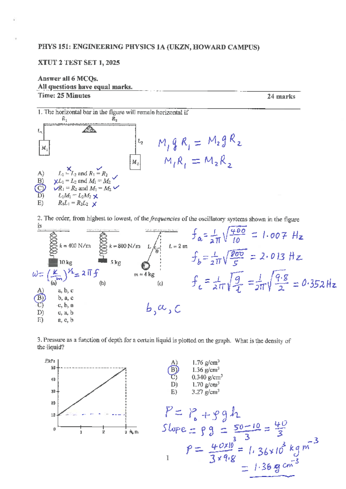 PHYS 151: ENGINEERING PHYSICS 1A (UKZN, HOWARD CAMPUS) XTUT 2 TEST SET ...
