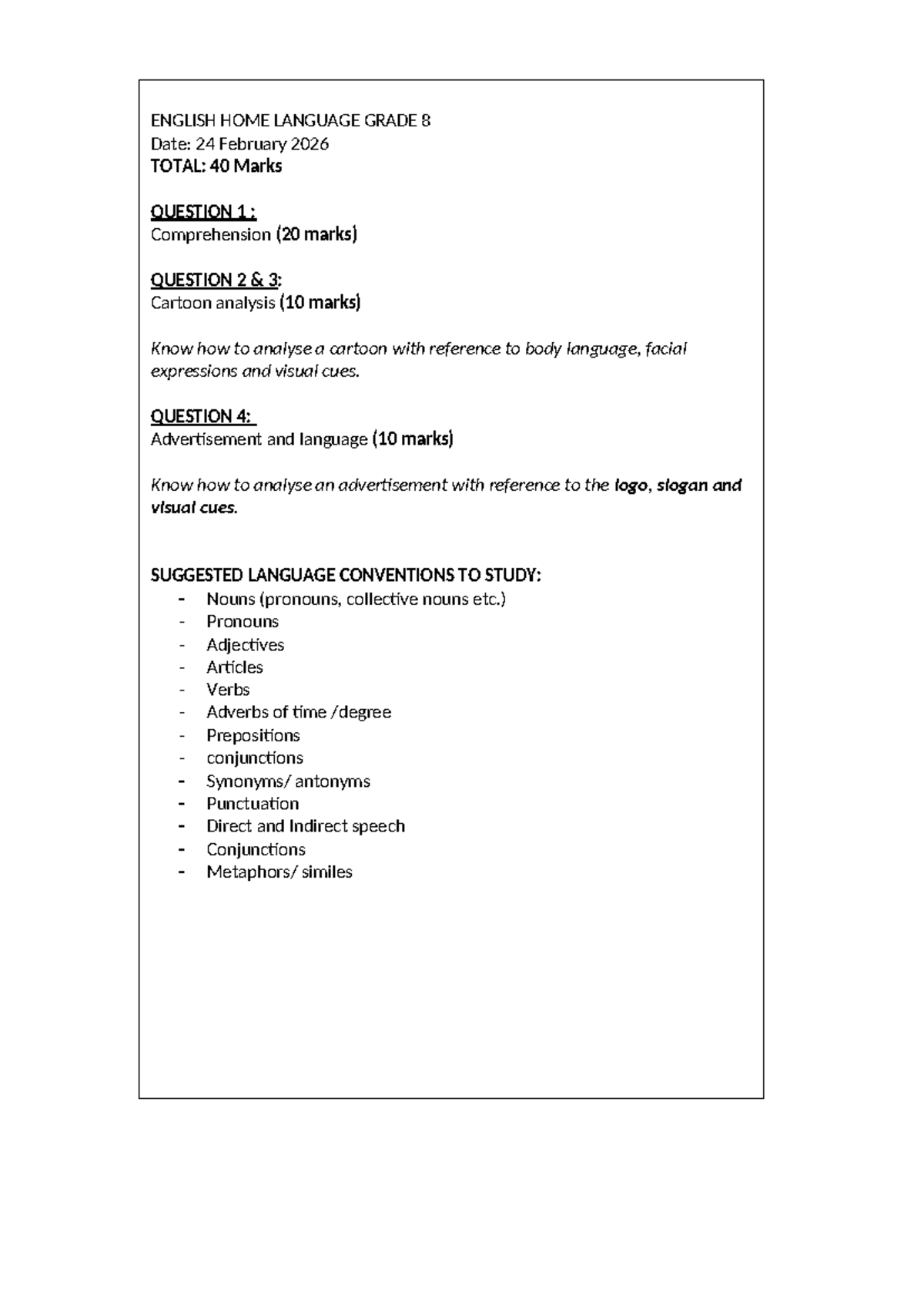 Grade 8 Term Test 1 Breakdown - ENGLISH HOME LANGUAGE GRADE 8 Date: 24 ...