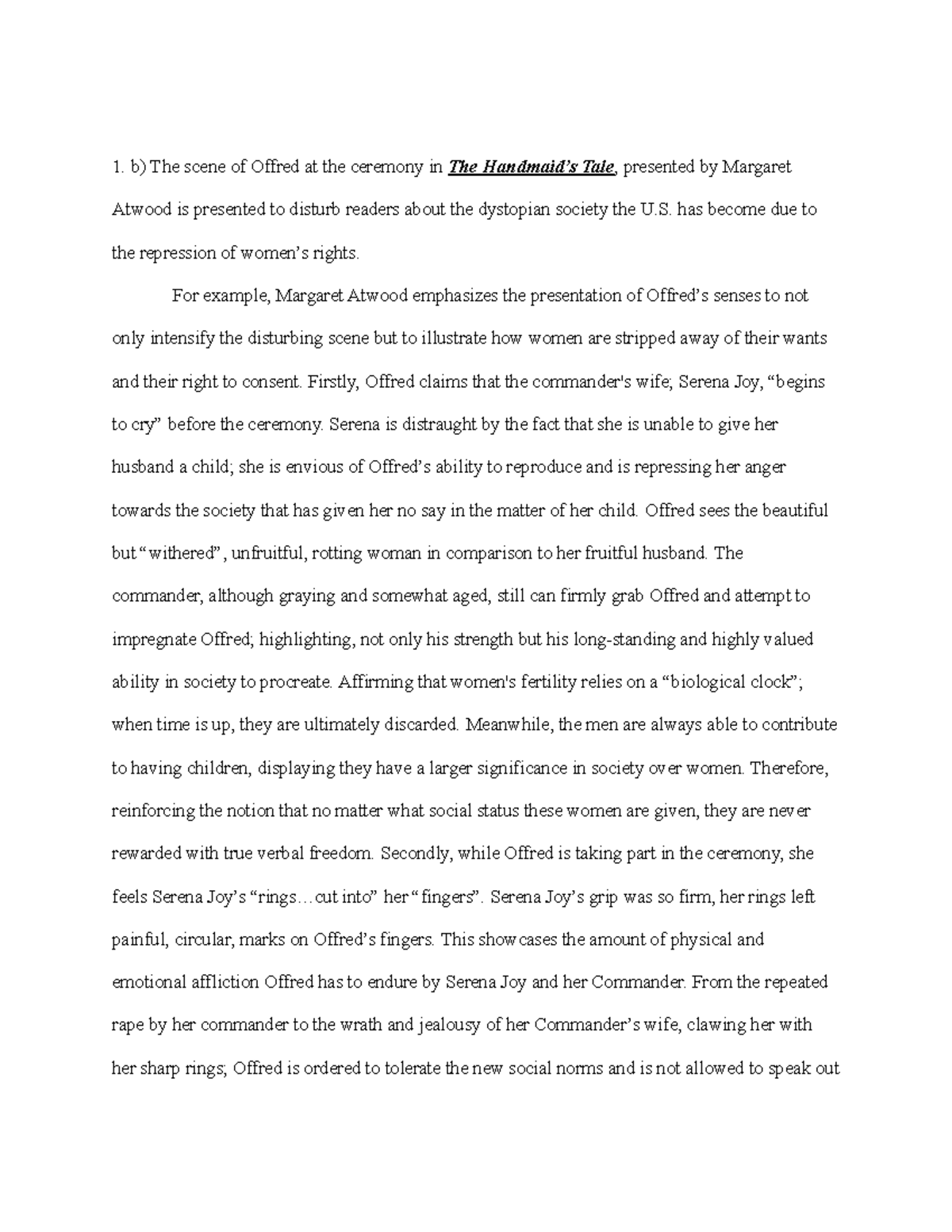 Literary Analysis on The Handmaids Tale Example - b) The scene of ...