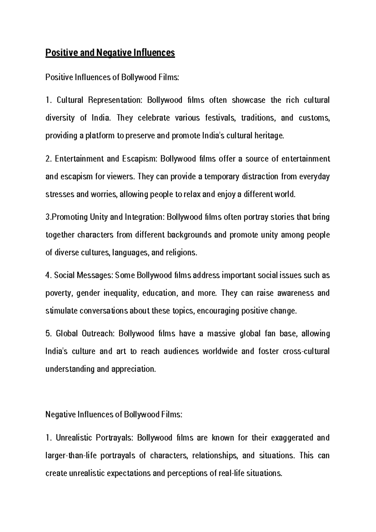 Positive and Negative Influences of Bollywood Films: A Study - Studocu