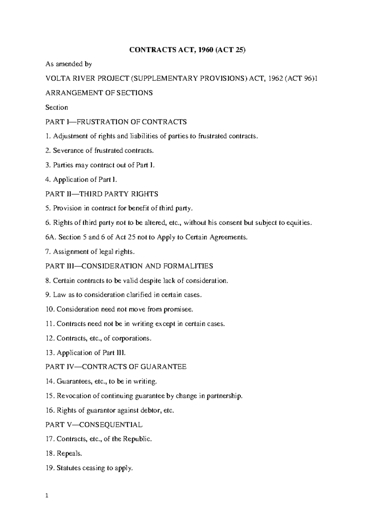 Contracts Act, 1960 (Act 25) & Volta River Project (Act 96) Overview ...