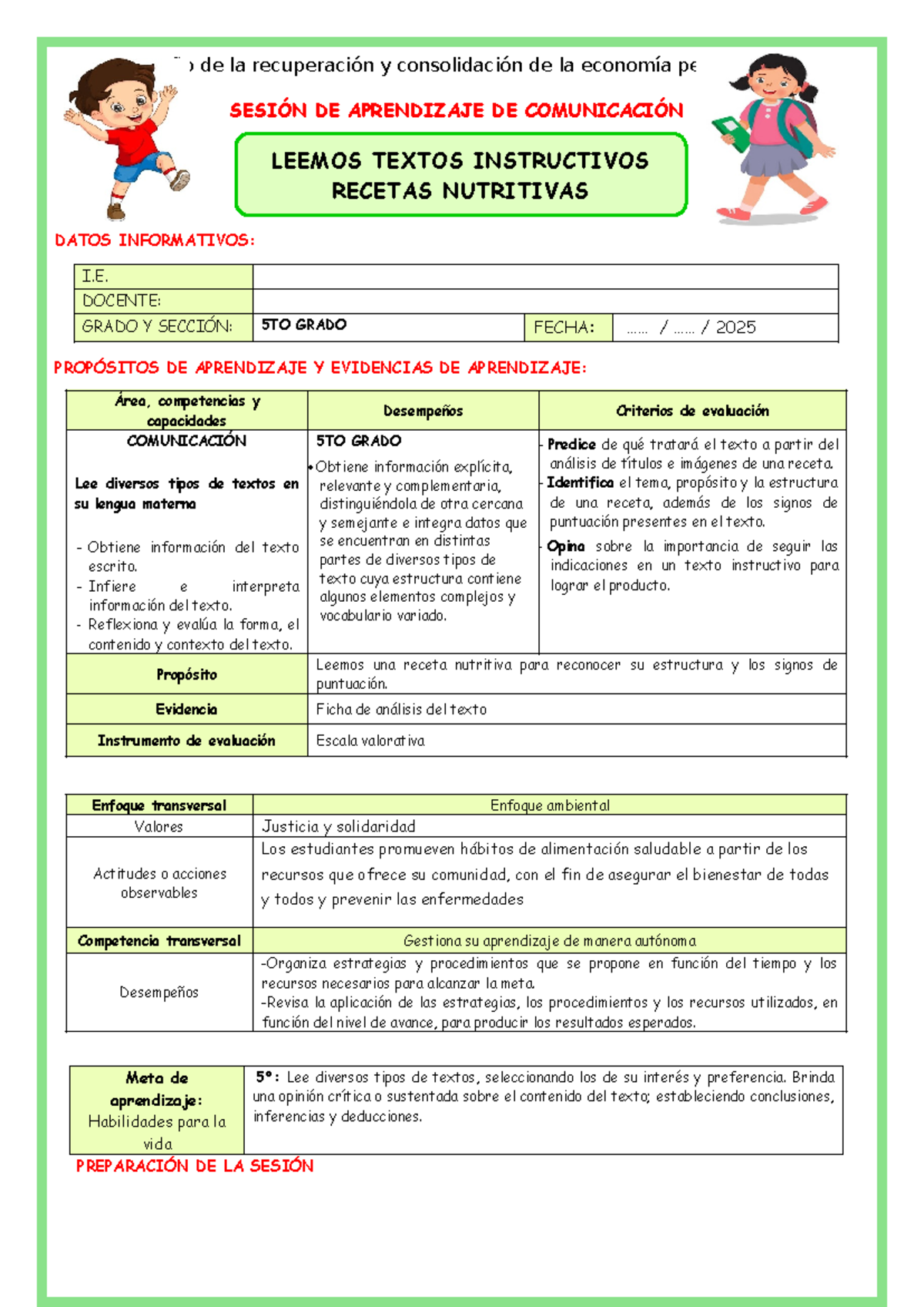 Leemos Textos Instructivos: Recetas Nutritivas para 5to Grado - Studocu