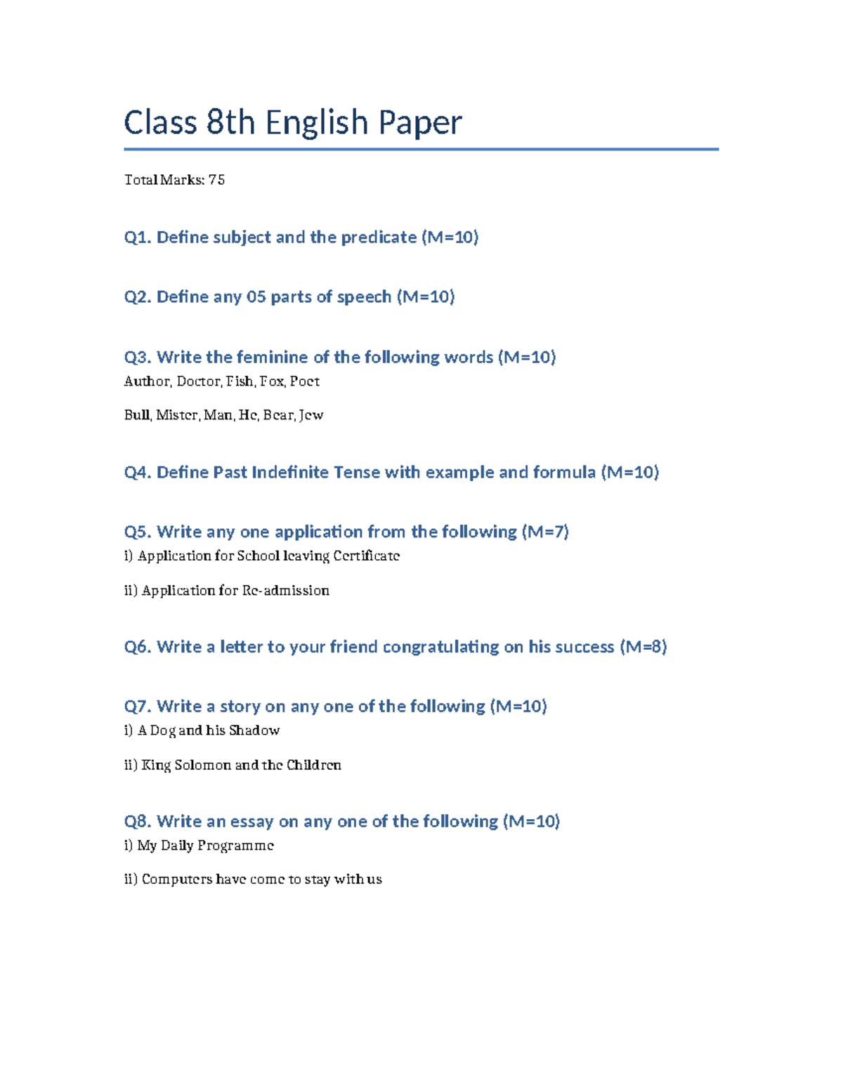Class 8th English Question Paper - Total Marks: 75 - Studocu