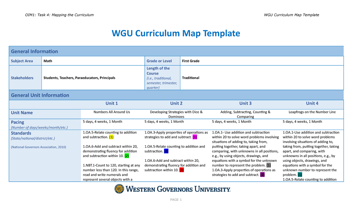 WGU Curriculum Map Overview - Task 4 for First Grade Math - Studocu