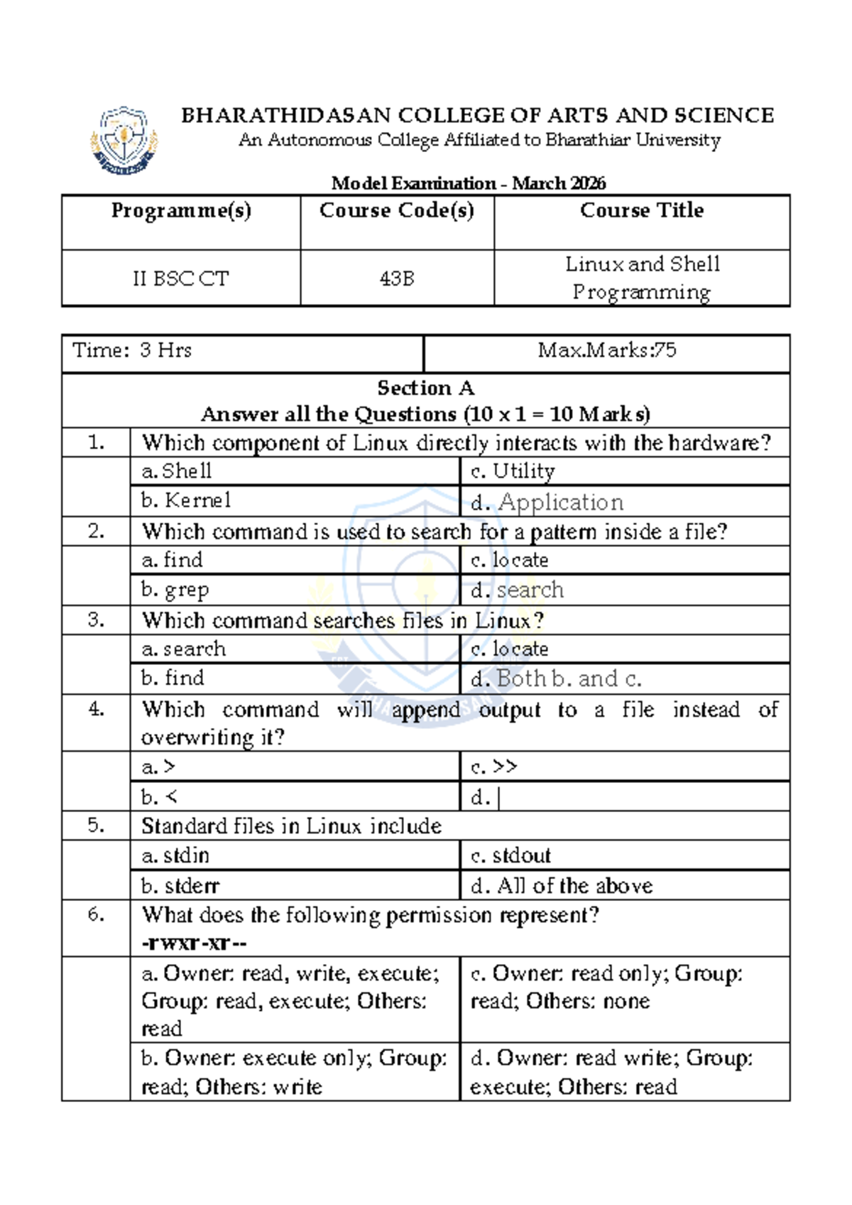 Model Exam [BSC CT 43B] Linux and Shell Programming March 2026 - Studocu