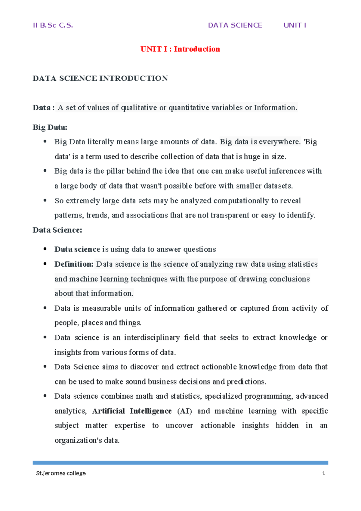 II B.Sc C.S. DATA SCIENCE UNIT I: Introduction to Data Science Concepts ...
