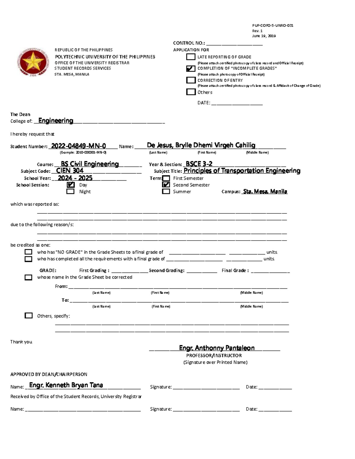 Application for Late Reporting of Grade - BSCE CIEN 304 - Studocu