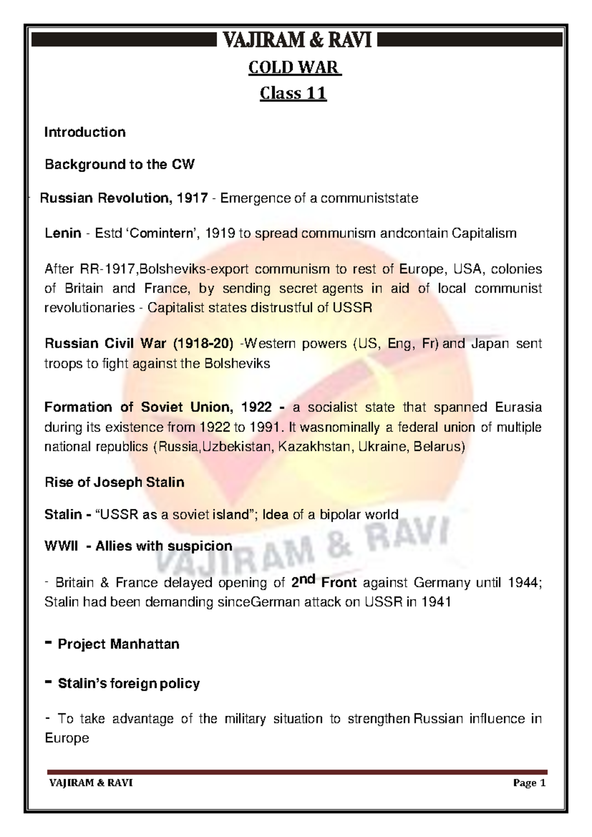 COLD WAR Class 11: Key Events and Impacts from 1917 to 1991 - Studocu