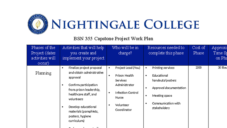 Capstone Project Proposal Work Plan Updated - BSN 355 Capstone Project ...