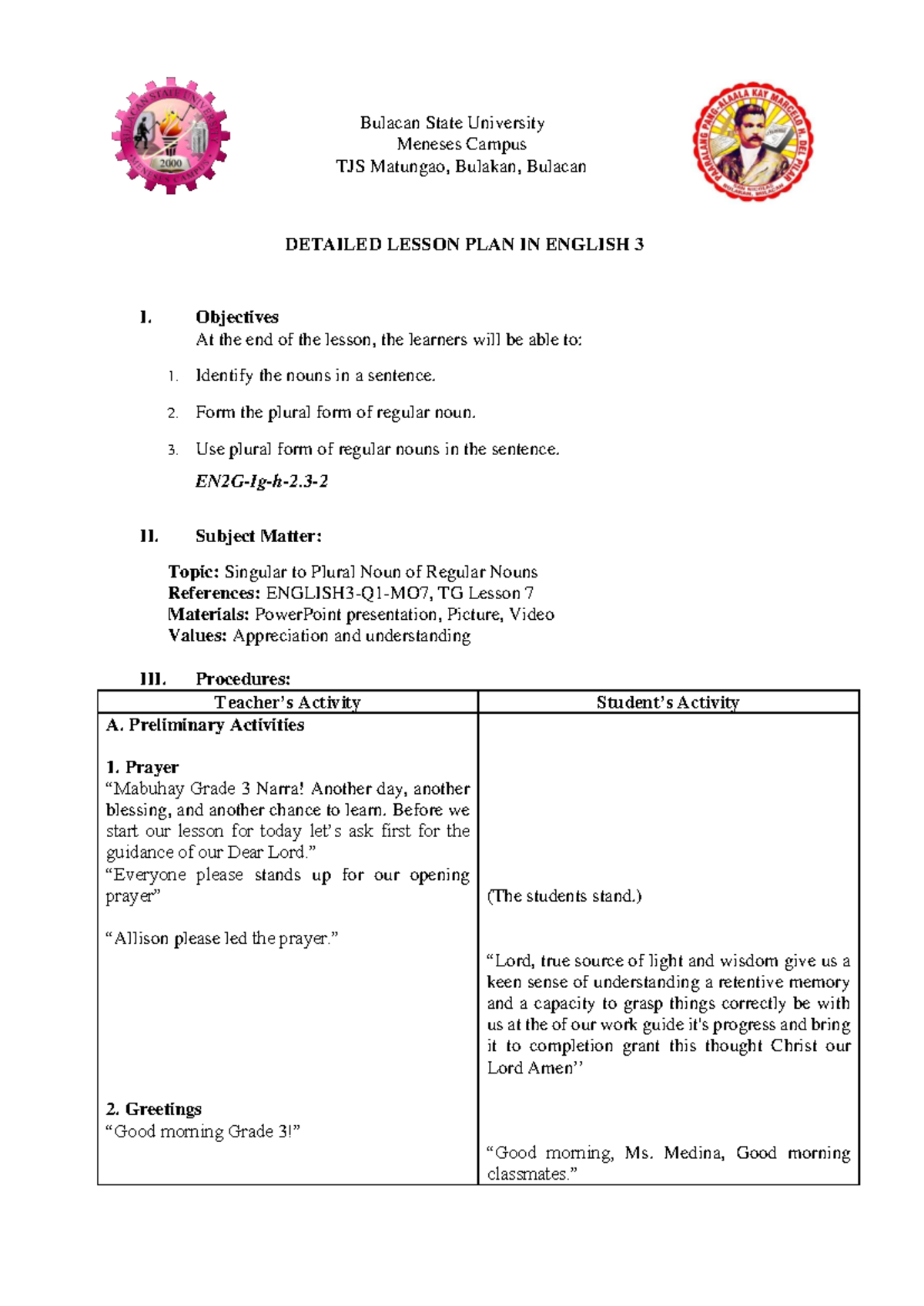 Detailed Lesson Plan: Singular and Plural Nouns (EN3) - Studocu
