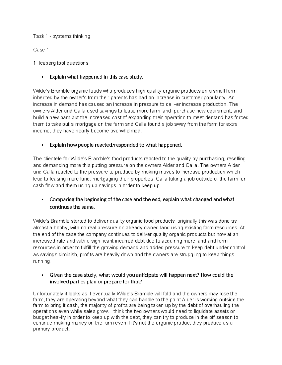 Task 1 - Systems Thinking Case Study on Wilde's Bramble Operations ...