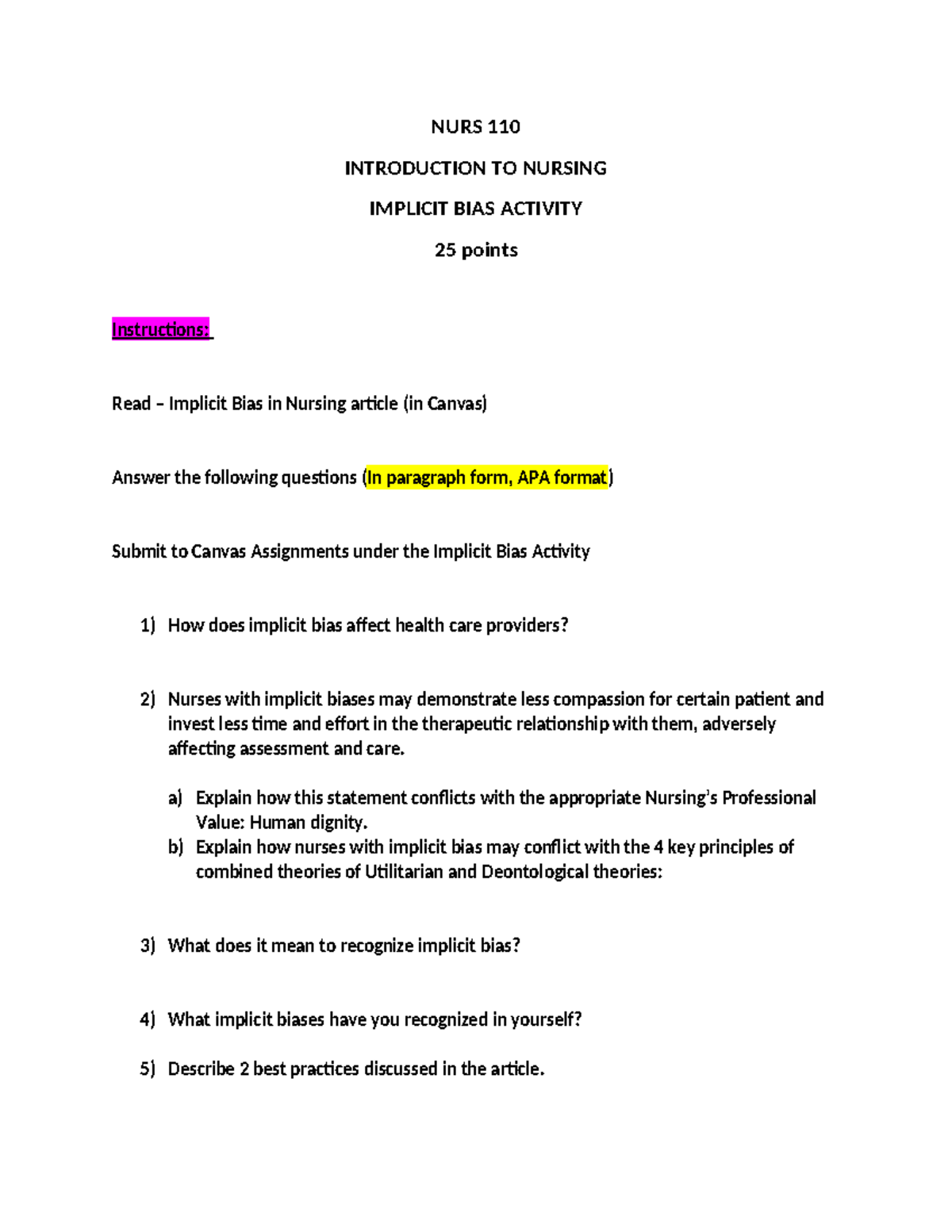 Implicit Bias in Nursing Assignment - NURS 110 INTRODUCTION TO NURSING IMPLICIT BIAS ACTIVITY 25 ...