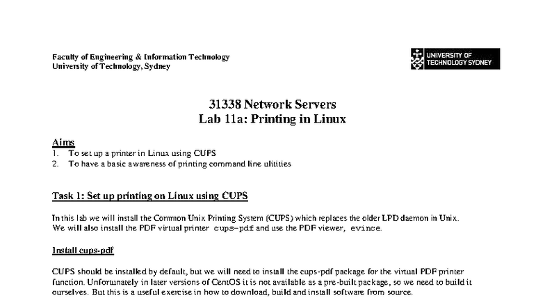 Lab 11a: Setting Up Printing in Linux (Course Code 31338) - Studocu